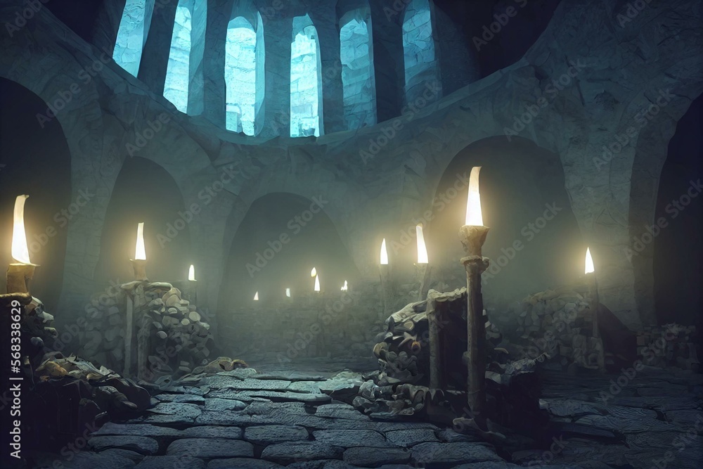 Scary endless medieval catacombs with torches. Mystical nightmare ...