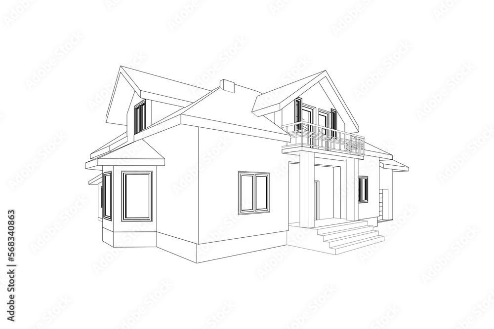 3D suburban house model. Drawing of the modern building. Cottage ...