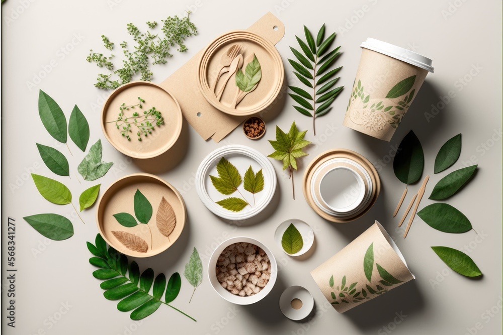 Eco-friendly food paper cups plates and containers packaging on white ...