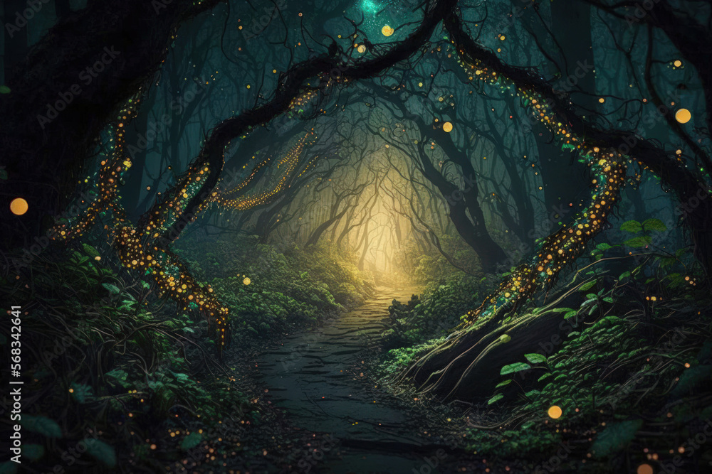 Imaginary forest picture with enchanted sparkles and a hidden route ...