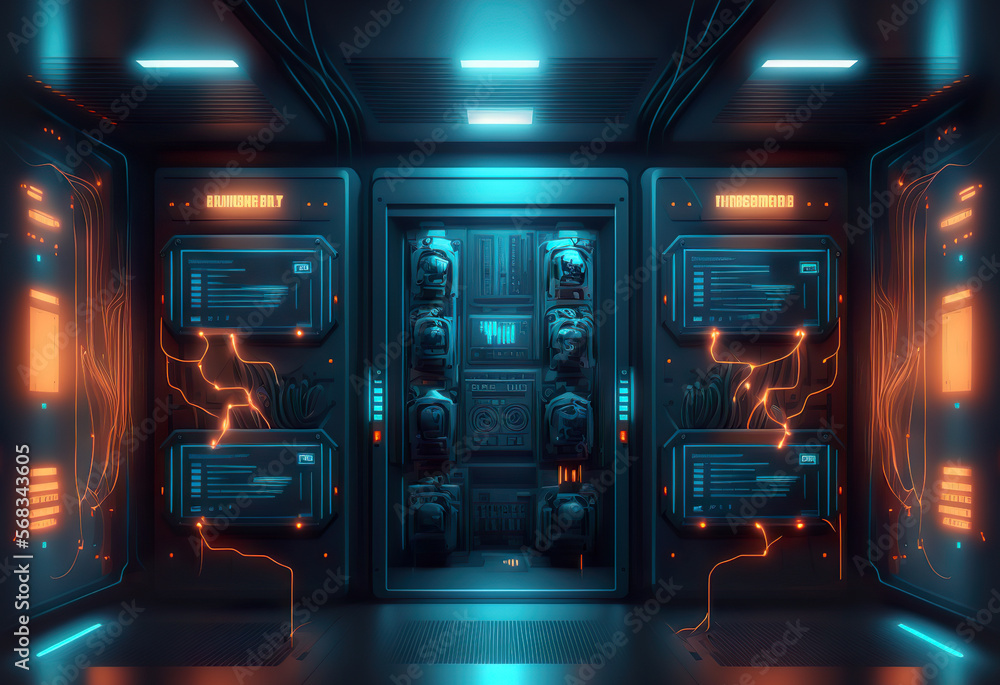 Server room. Supercomputer data center, image generated by artificial ...