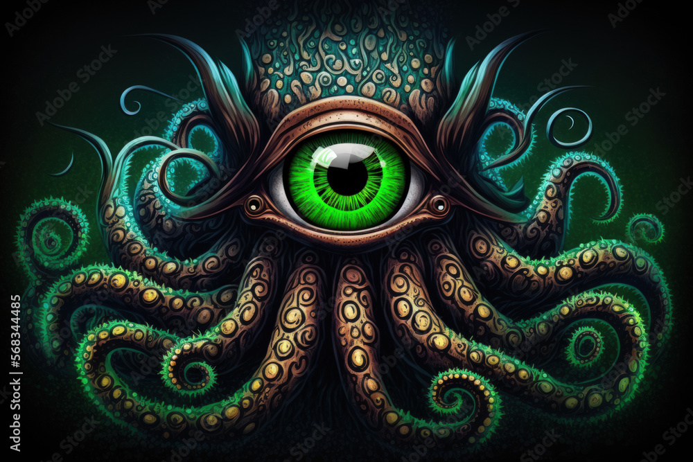 An ancient sea octopus creature with blazing green eyes and many ...