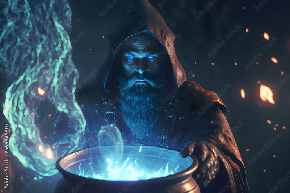 Evil sorcerer wizard is brewing a magical magic potion in a cauldron ...