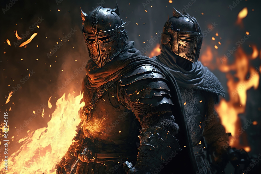 Knights on battlefield after victory. Everything is on fire. Knights ...