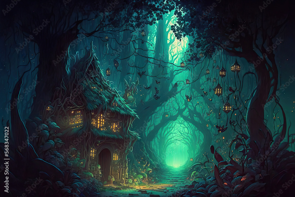 A vibrant fairy city in the forest with enchanted illuminating plants ...