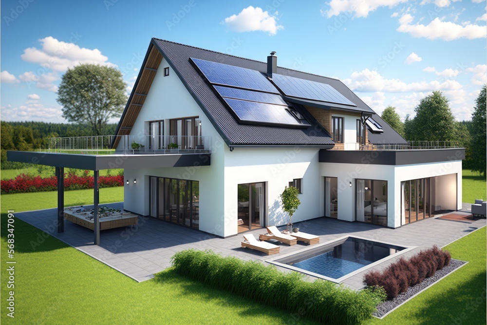 Photo & Art Print echo-friendly modern house with a Roof with solar ...