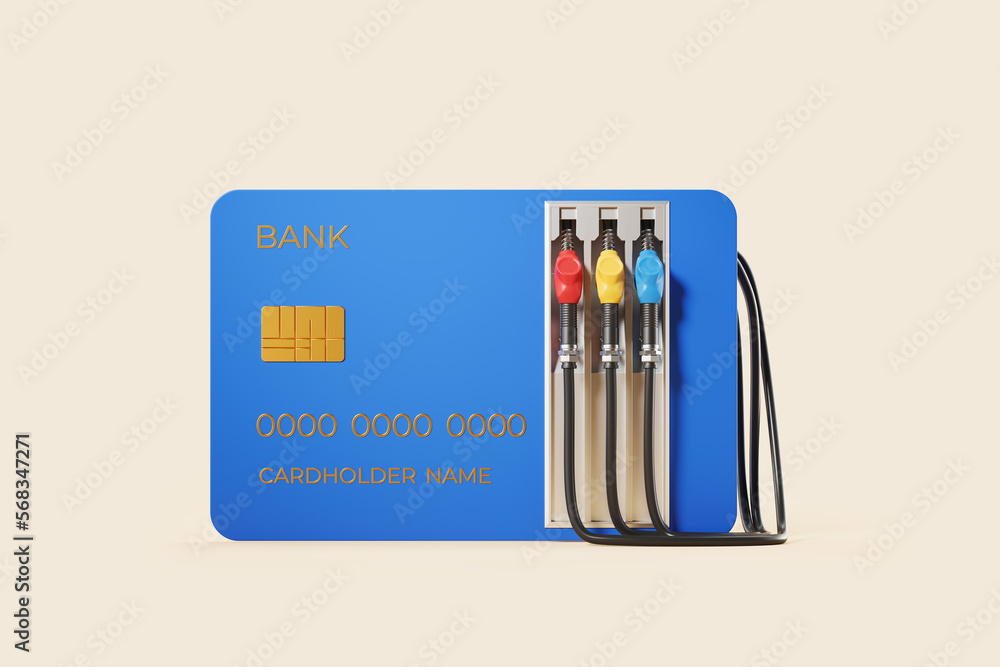 Credit card and fuel hose gas station on beige background Stock ...