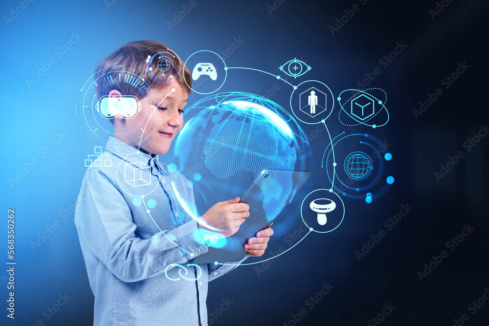 Kid with tablet in hands, virtual reality hologram with diverse icons ...