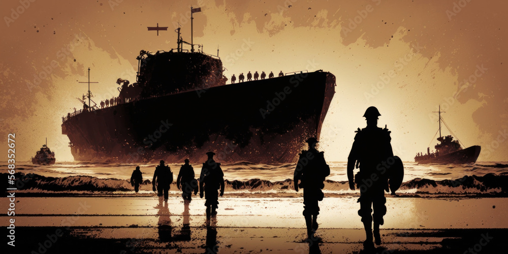 Silhouettes of soldiers walking back to their war ship in the aftermath ...