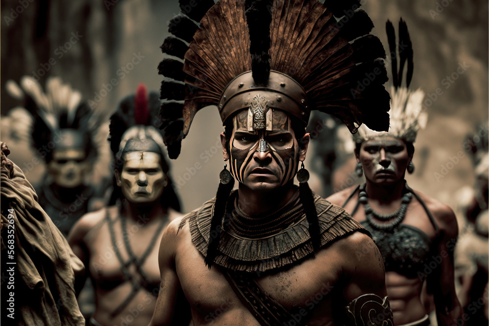 Traditional fierce Aztec warriors in headdresses, intricate tattoos and ...