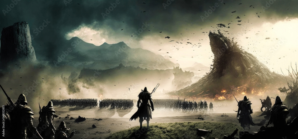 Panoramic illustration featuring a fantasy medieval battle featuring ...
