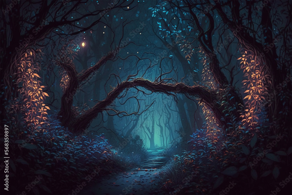 An ethereal and mysterious forest scene at night is depicted in digital ...