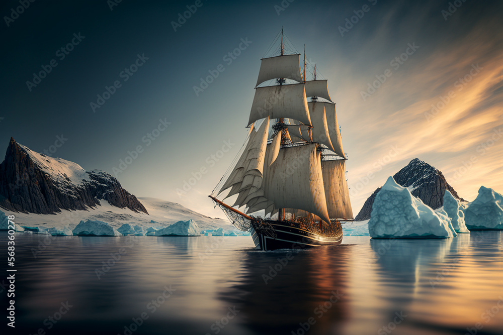 expedition ship of the late 19th century among the ice, created by a ...