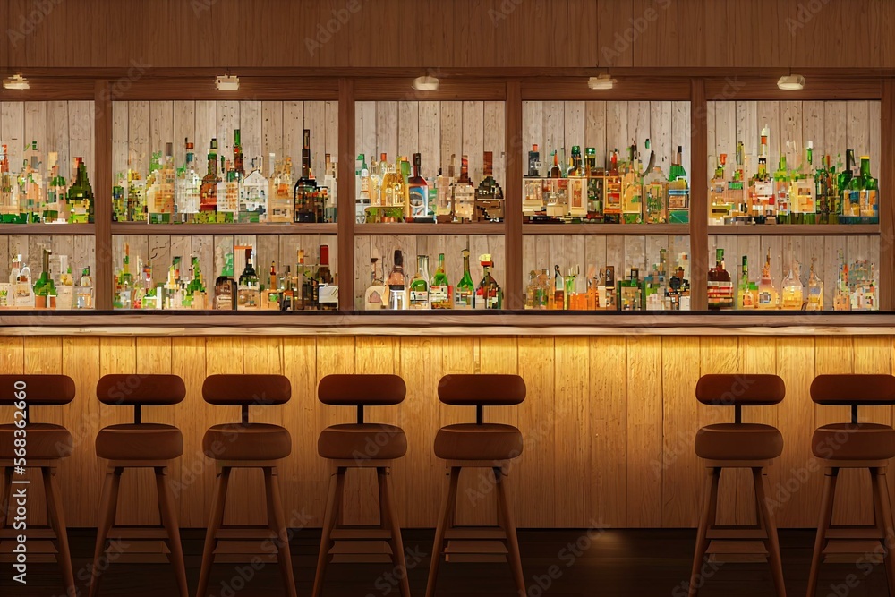 Interior of a bar with a counter, drinks and stools, made of wood ...