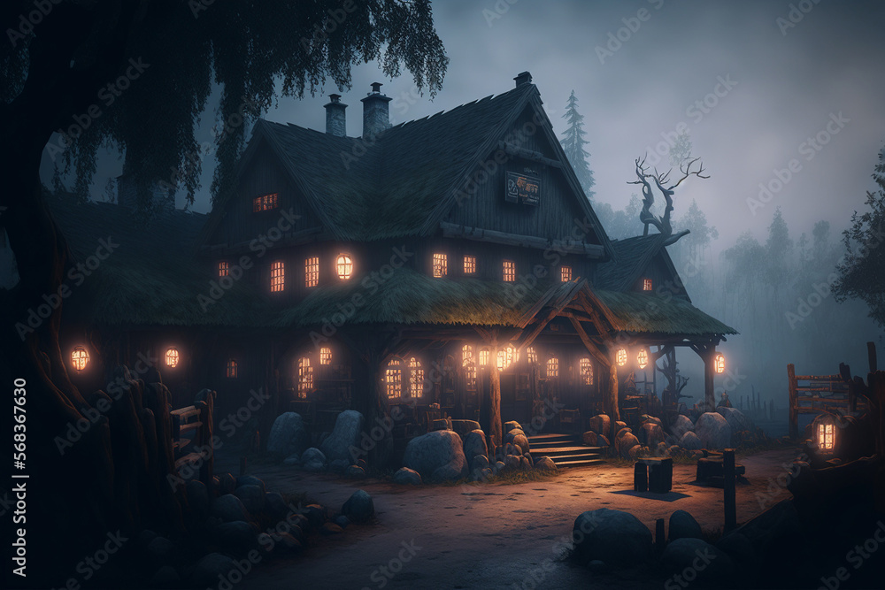 medieval tavern by the road at dusk in a dark forest, created by a ...