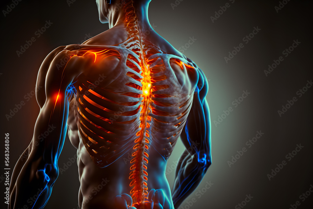 Anatomical model of a human back view of the bones of the ribs and ...
