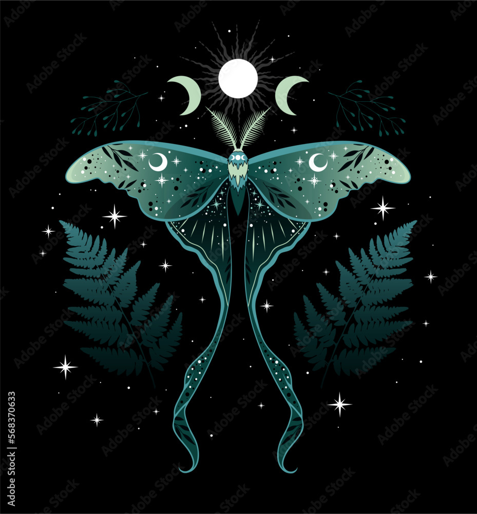Vector illustration of green moon moth. For print for T-shirts and bags ...