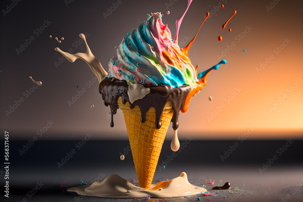 Rotating colored ice cream sundae with splashes to the sides ...