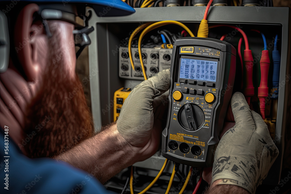 Generative AI Illustration of the hands of an electrician holding an ...