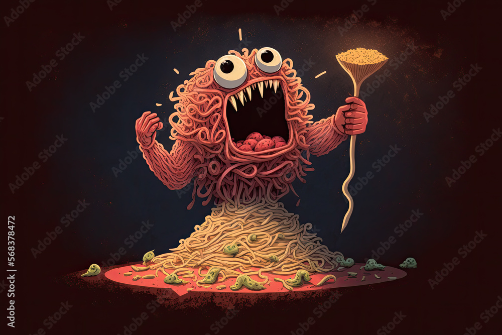 An evil and scary funny macaroni monster comes out of the plate and ...