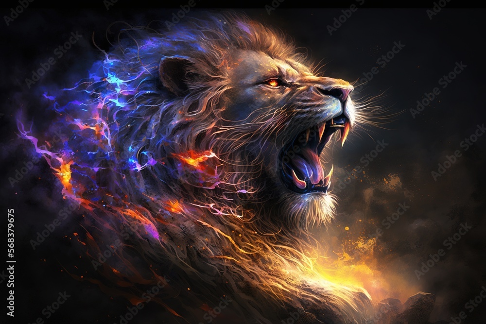 Roaring mighty fantasy lion with flames and glowing lights Generative ...
