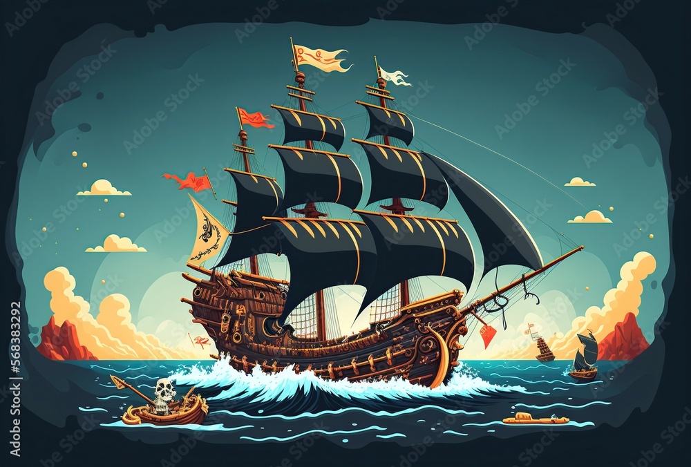 cartoon illustration, pirate ship with black flag and sails, ai ...