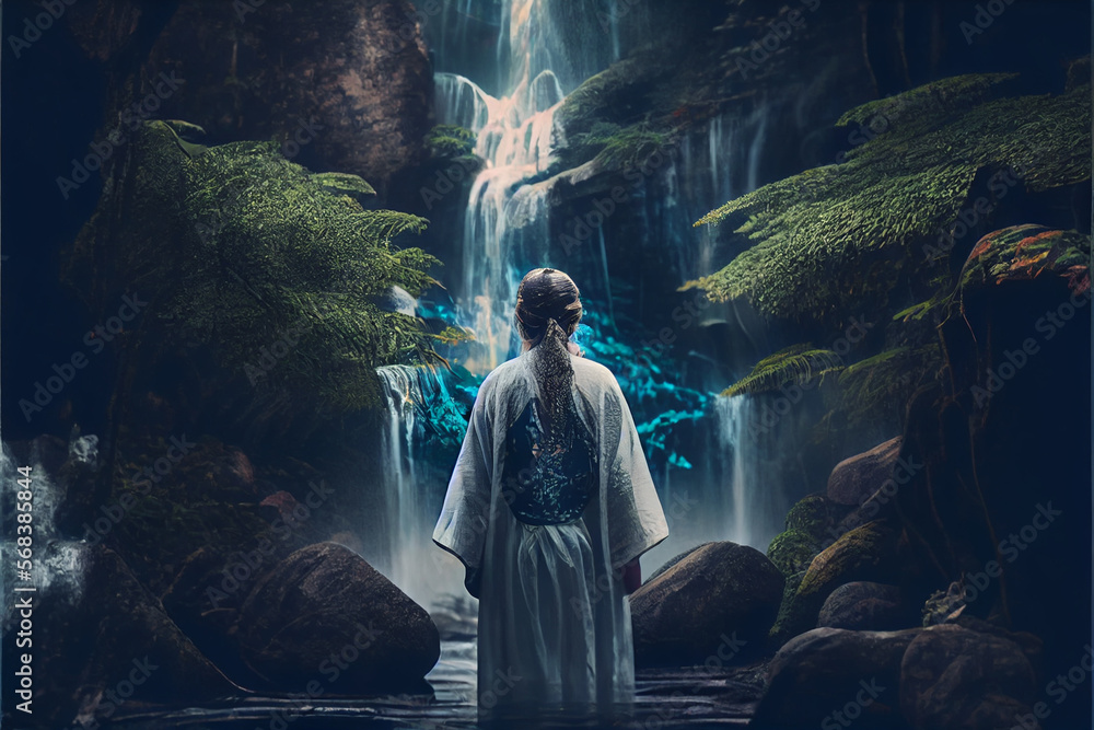 shamanic man meditating near waterfall. Calming background. unity with ...