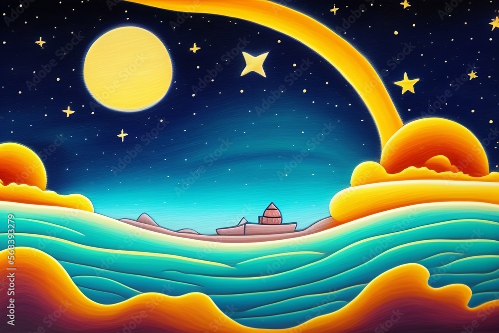 a drawing of a dreamlike landscape of an ocean, and stars in a night ...