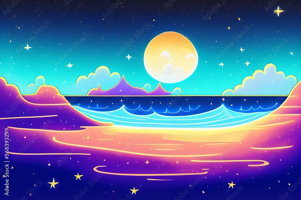 a drawing of a dreamlike landscape of an ocean, and stars in a night ...