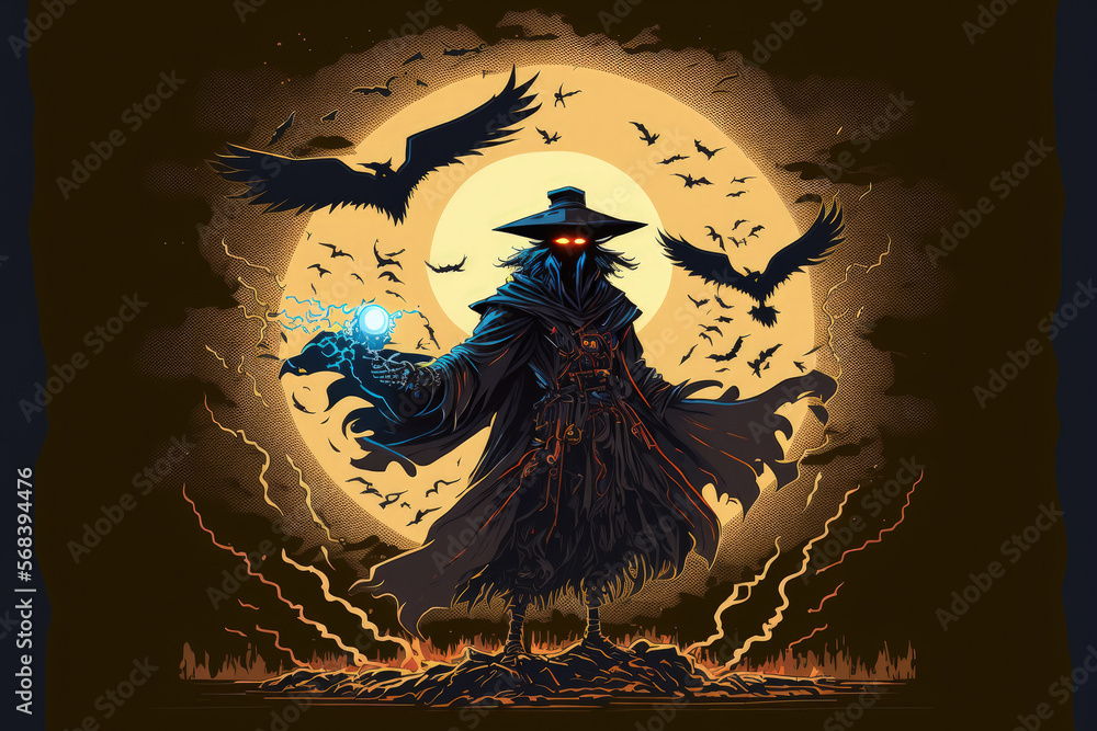 artistic artwork of a wizard of crows casting a spell in a shadowy area ...