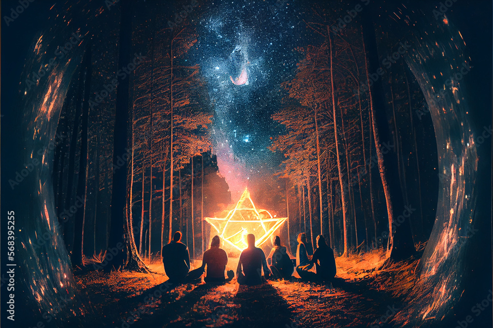 People gathering near ritual fire for magical practice in forest at ...