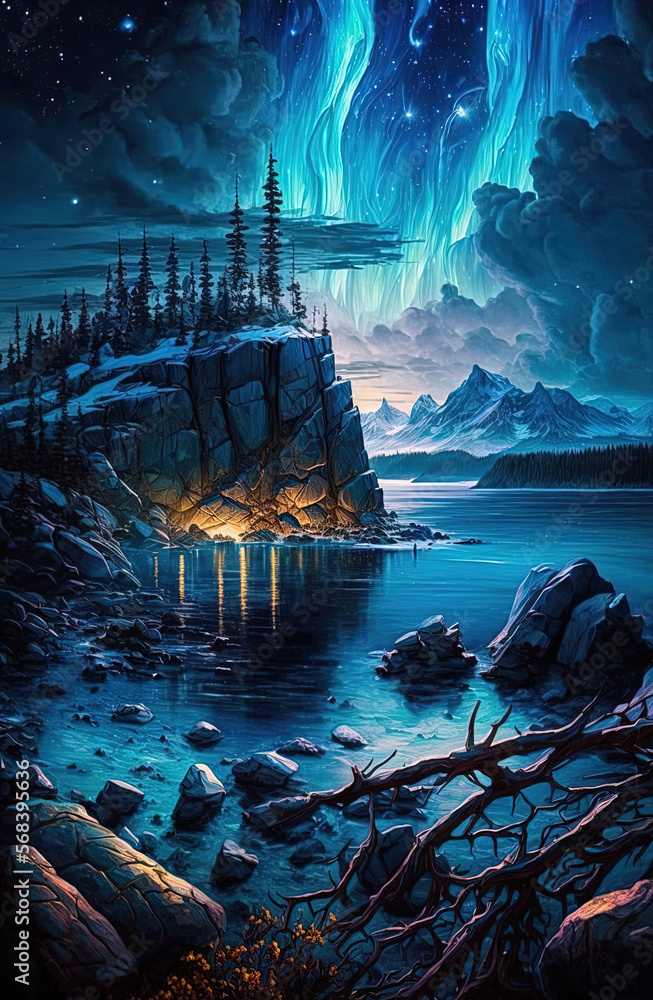 Astral aurora boreal forest at night,spectacular bright detailed ...