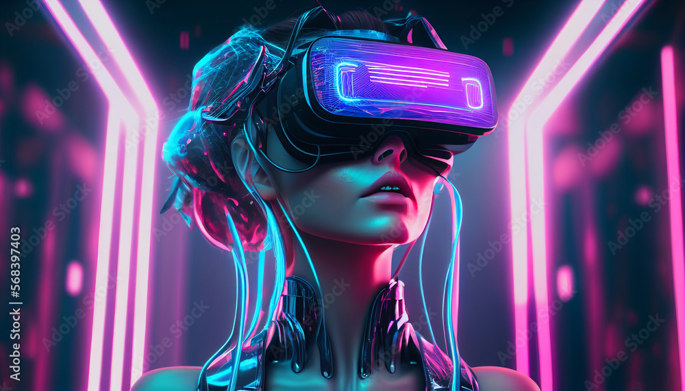 Metaverse digital cyber world technology, A humanoid cyber girl with ...