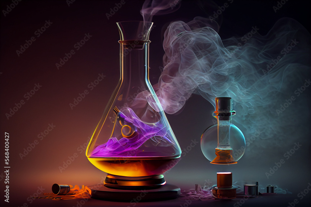 Chemistry science research lab background with a glass flask and vial ...