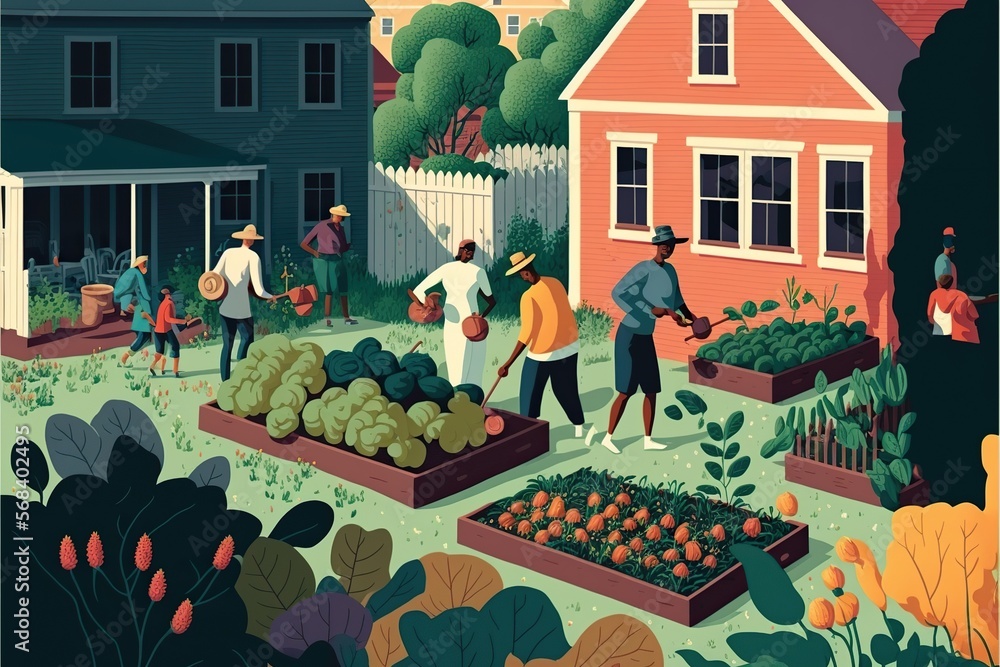 group of neighbors tending to community garden, concept of Community ...