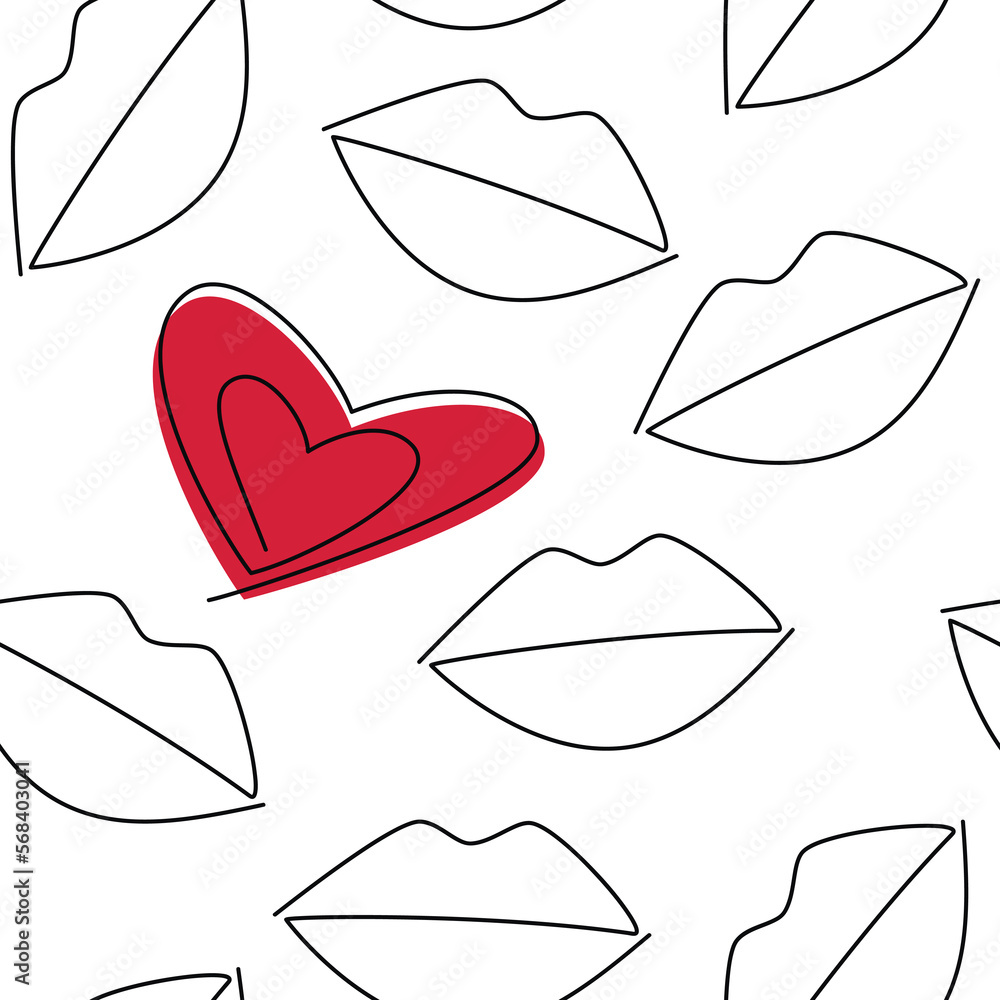 Outline lips and red heart seamless pattern vector. Continuous one line ...