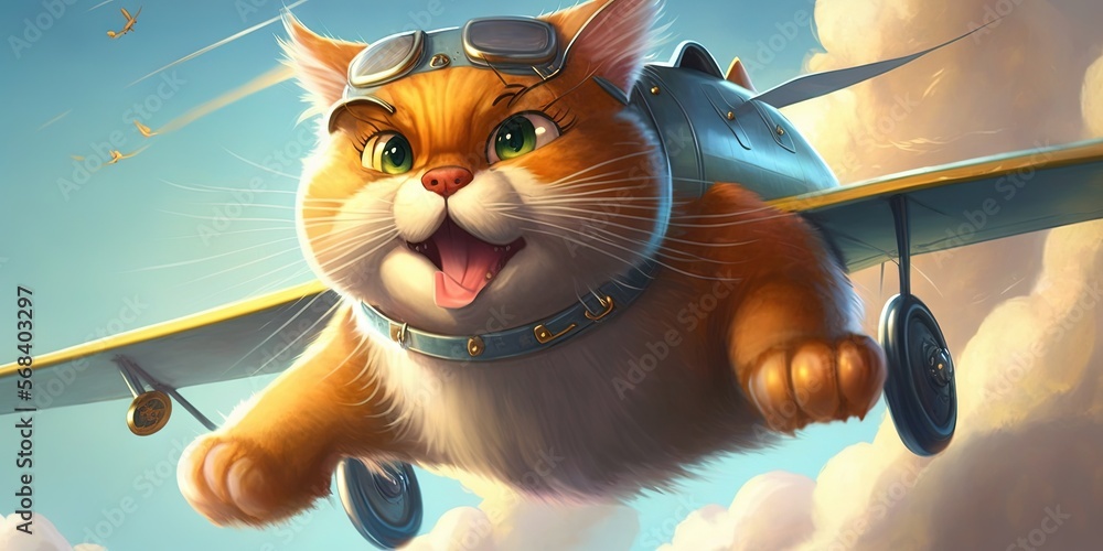 a cat is flying in a plane with a pilot's mask on it's head and a smile ...