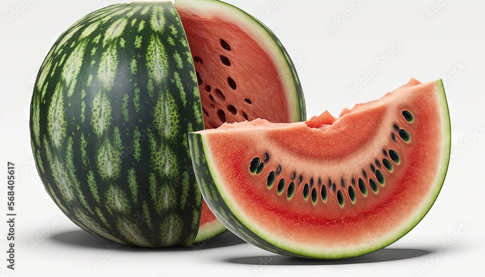 a watermelon cut in half with a piece cut out to show the inside of it ...