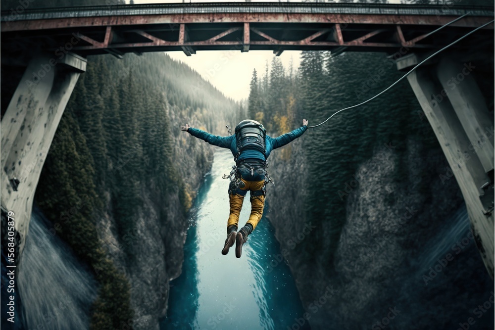 person bungee jumping from bridge over a river, concept of Adrenaline ...