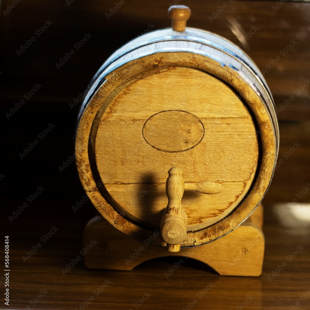 Wooden barrel, front view, for storing wine, beer, alcoholic beverages ...