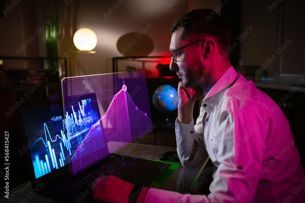 Laptop with abstract forex chart. Digital graph rising and falling, device display . Business ...