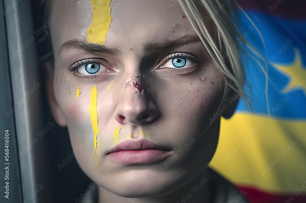 Generative AI illustration of Ukrainian sad blonde young girl in war ...