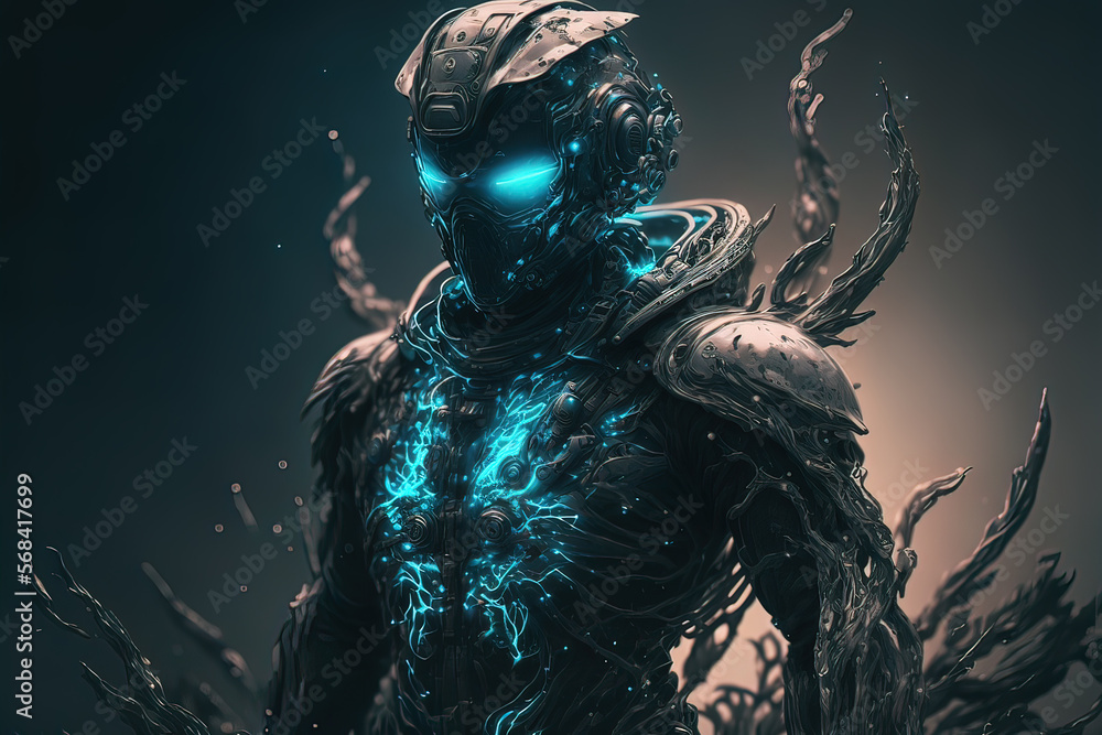 Alien warrior in a black suit, biomechanical creatures, cyborg, robot ...