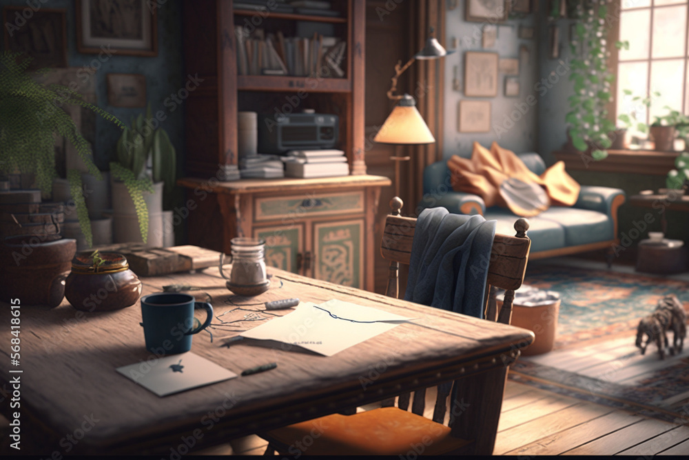 a kitchen with a table and chairs in it, a 3D render by senior ...
