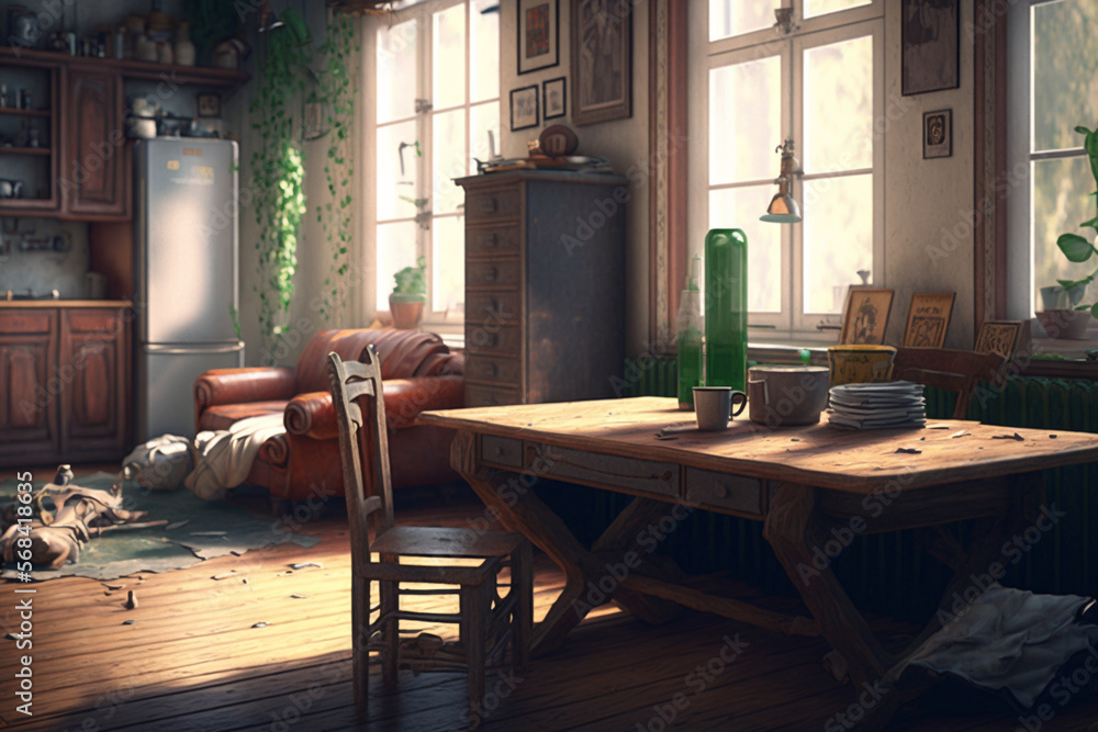 a kitchen with a table and chairs in it, a 3D render by senior ...