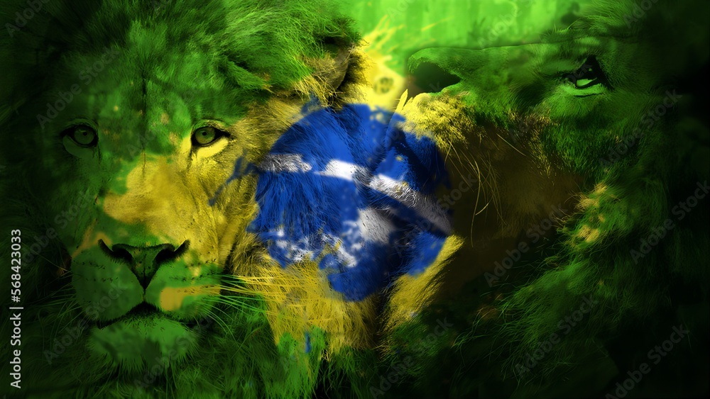 Overlay of images composed of the Brazilian flag and two lions. Order ...