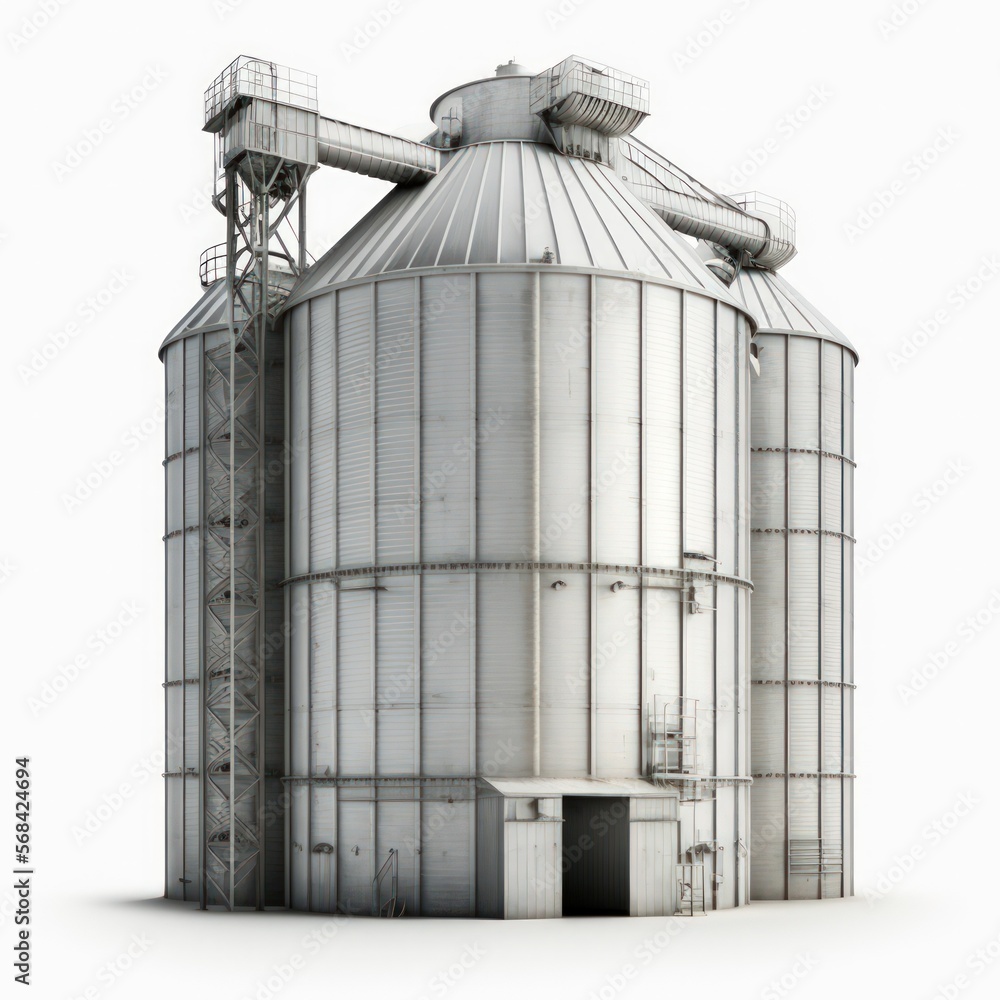 Detailed illustration of a large industrial grain silo for agricultural ...