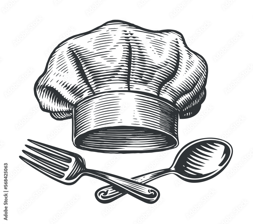 Chef hat with spoon and fork. Design for restaurant or diner menu. Hand ...