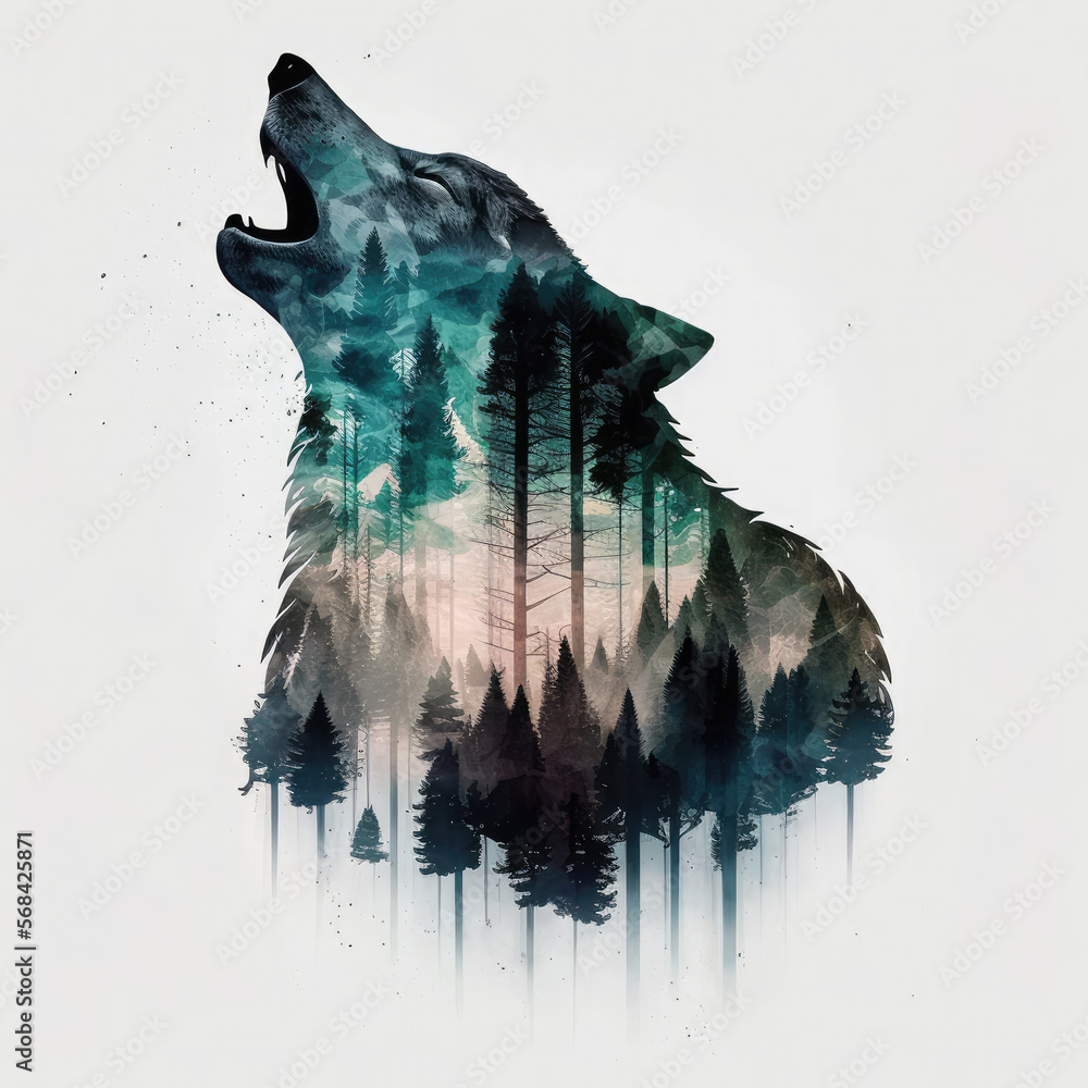 Double exposure howling wolf and a forest. Generative AI illustration. Stock Illustration ...