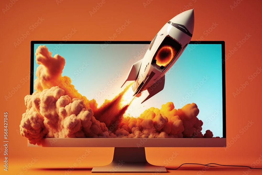 Rocket on computer monitor screen, startup concept, orange background ...